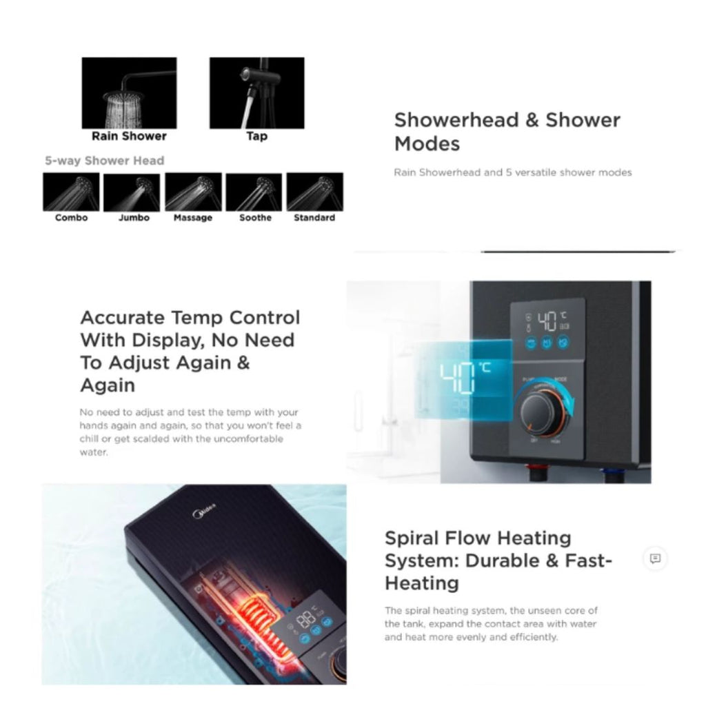 Midea Instant Water Heater DC Pump + Rain Shower + Digital Display MWH