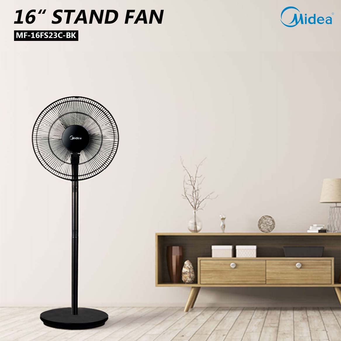 Midea Stand Fan (16") 3 Speeds MF-16FS23C-BK