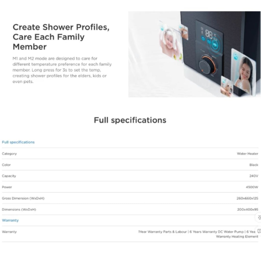 Midea Instant Water Heater DC Pump + Rain Shower + Digital Display MWH