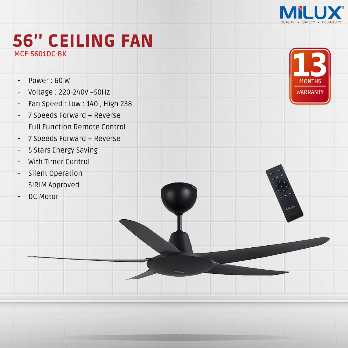 Milux 5 Blade Ceiling Fan with Remote Control 56” MCF-5601DC-BK X 1 SE