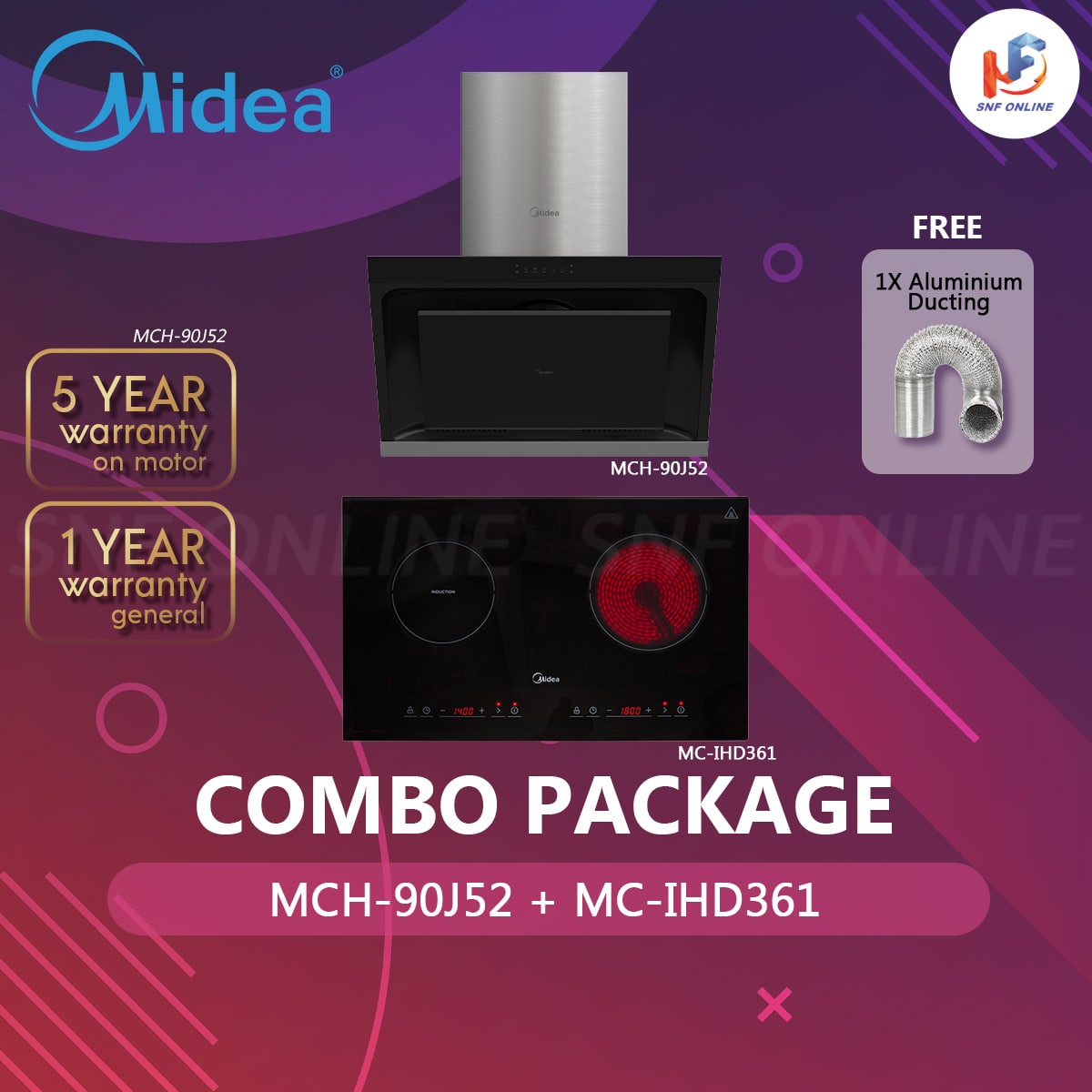 Midea Hud + Dapur - Cooker Hood MCH-90J52 + Midea Built In Glass Hob