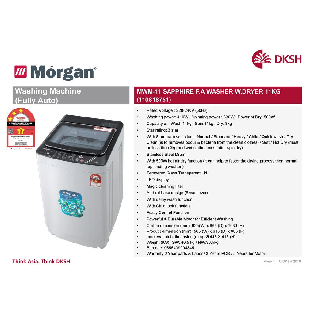 Morgan Mesin Basuh Automatik 11KG Fully Auto Washing Machine mesin bas